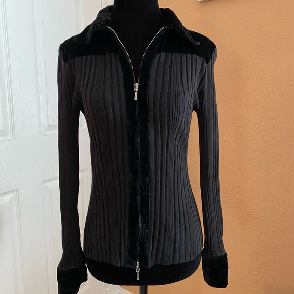 CAbi | Tops | Women Stretchy Black Ribbed Zip Up Shirt With Velvet ...